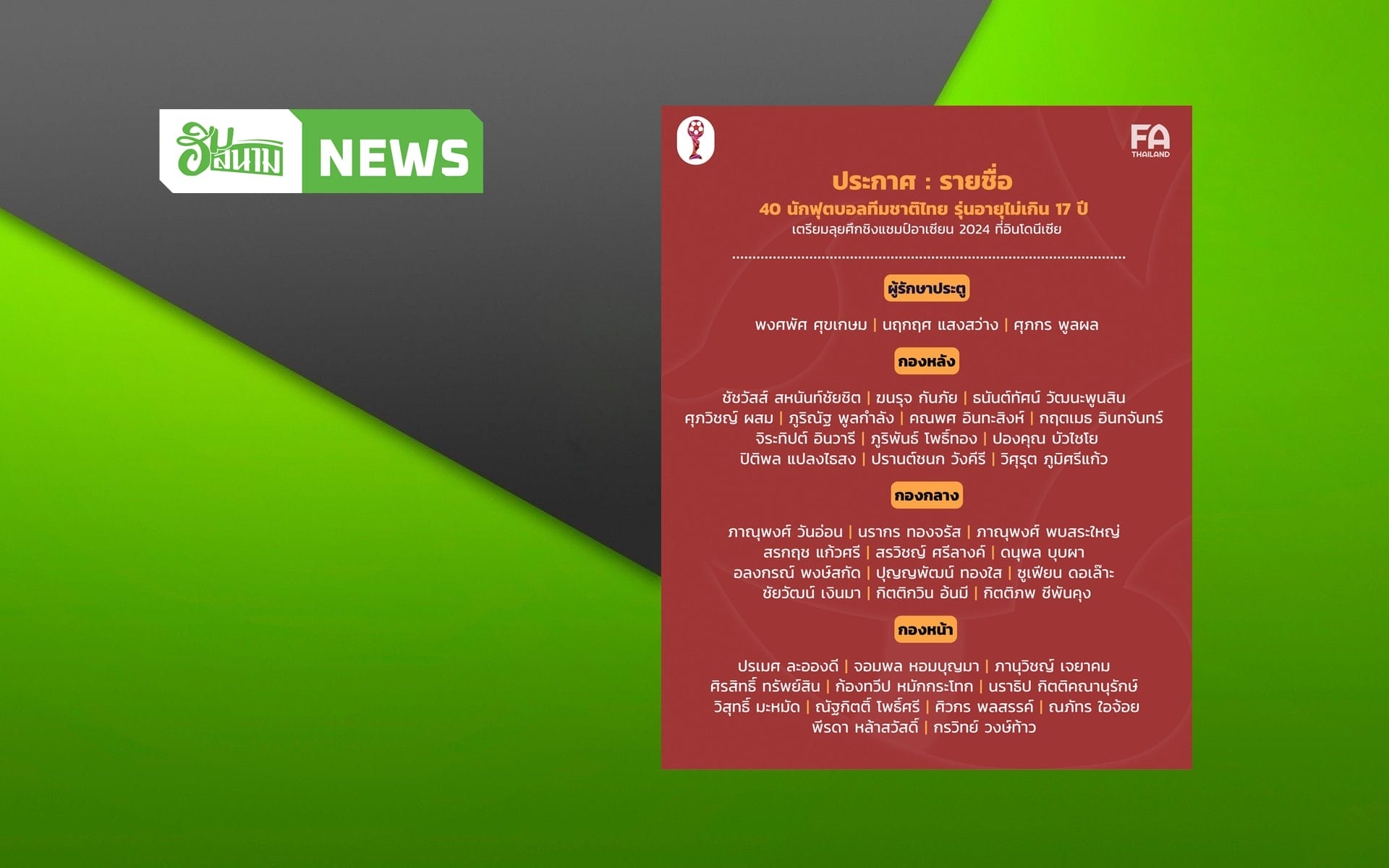 โค้ชจเด็จ ประกาศ 40 แข้งช้างศึกU17 ก่อนลุย AFF
